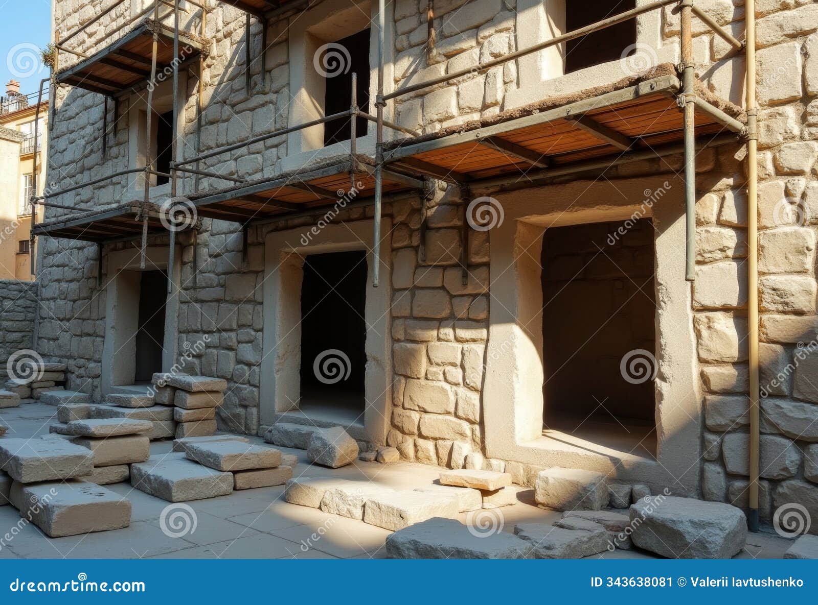 Construction of a Rustic Stone Building with Scaffolding in a Historic ...