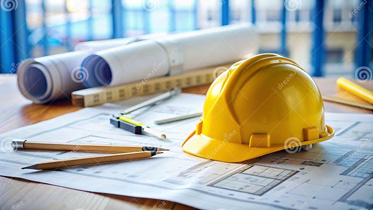 Construction Safety Yellow Hard Hat on Architectural Plans ...