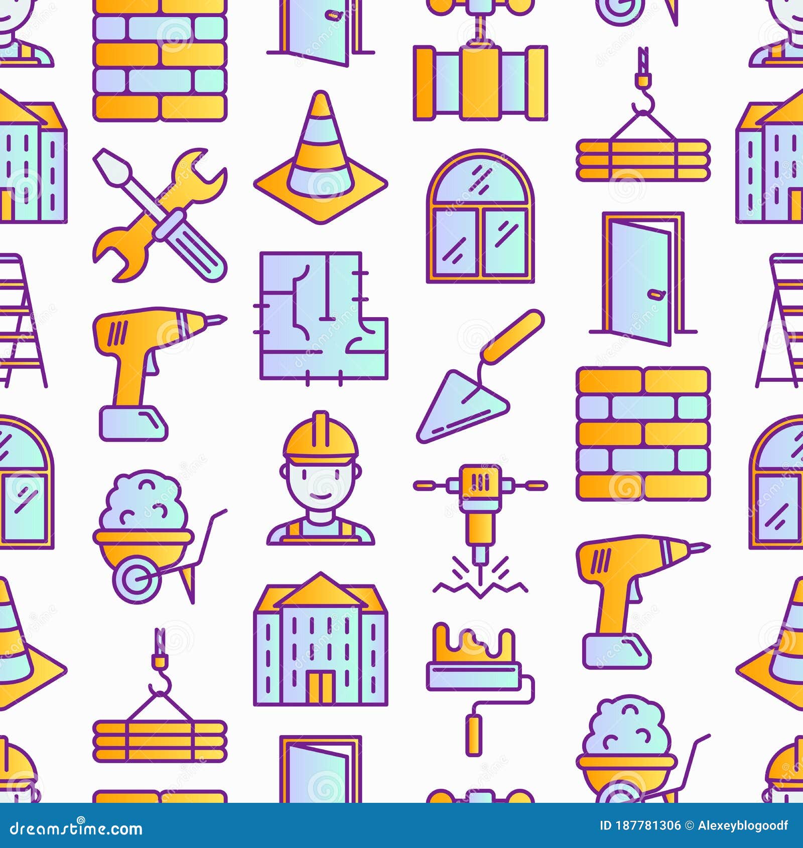 Construction Seamless Pattern with Thin Line Icons: Builder in Helmet ...