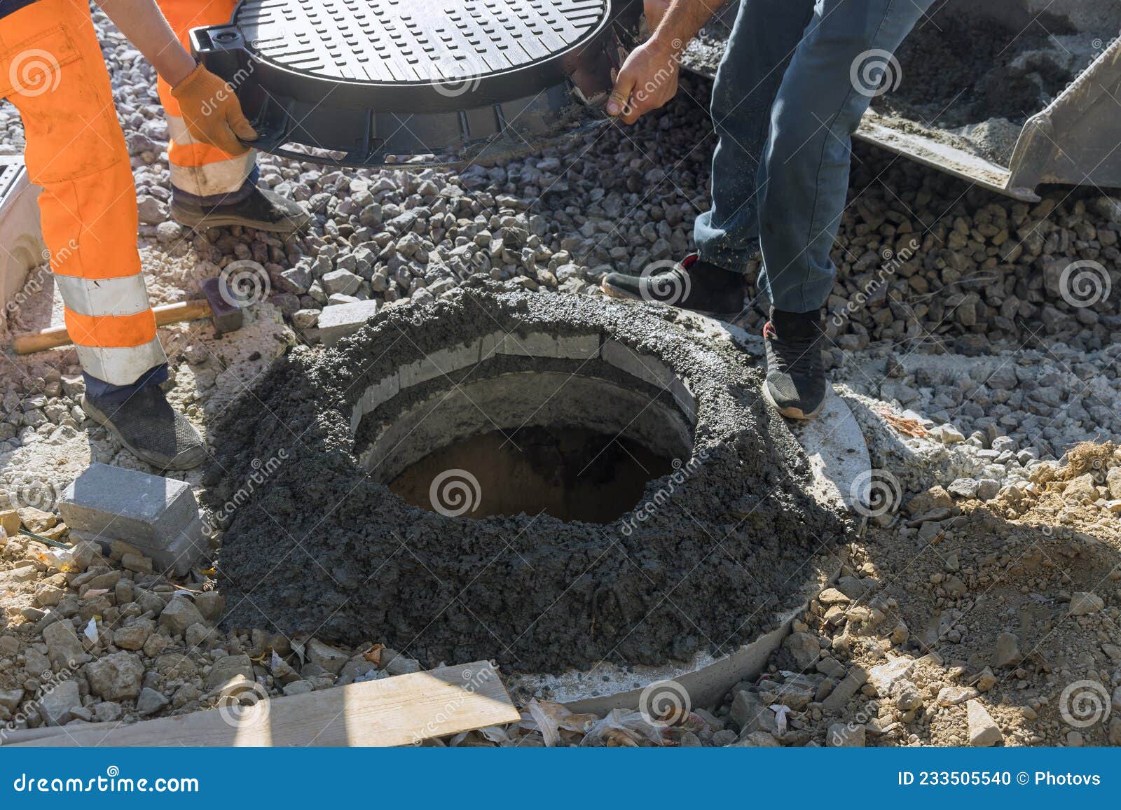 Construction Of Sewerage Installing A Sewer Manhole On Septic Tank ...
