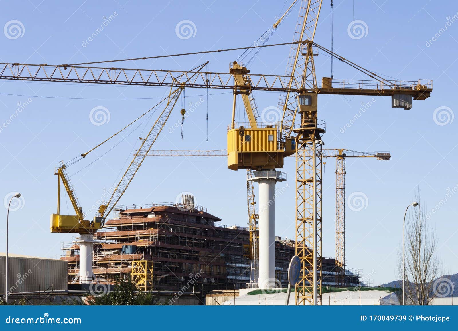 Construction of a Ship in the Shipyard of Vigo with Cranes and ...