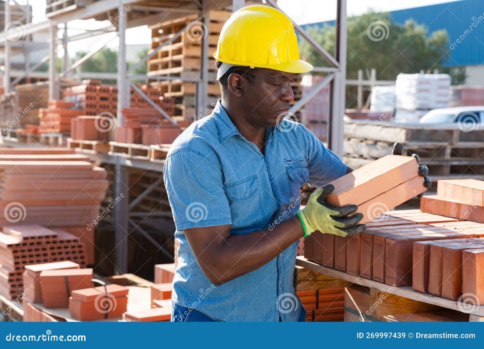 Construction Shop Worker Stacks Bricks on an Open Air Site at Summer ...