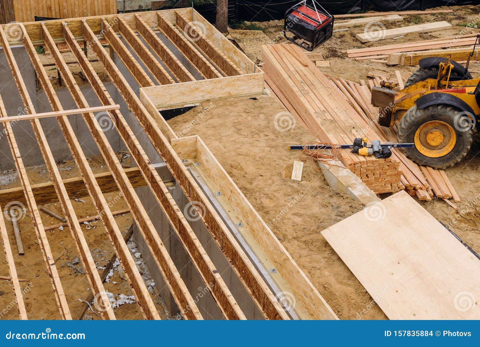Construction Showing Massive Solid Wood Joists Construction Forklift ...