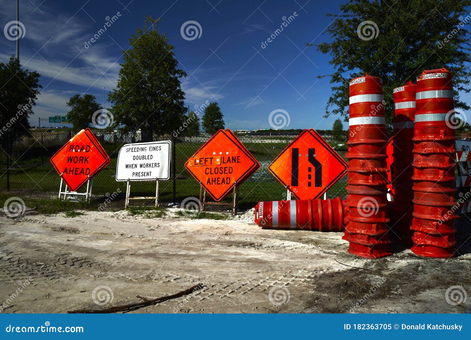 Construction Signage and Barricades Stock Image - Image of pine, tree ...