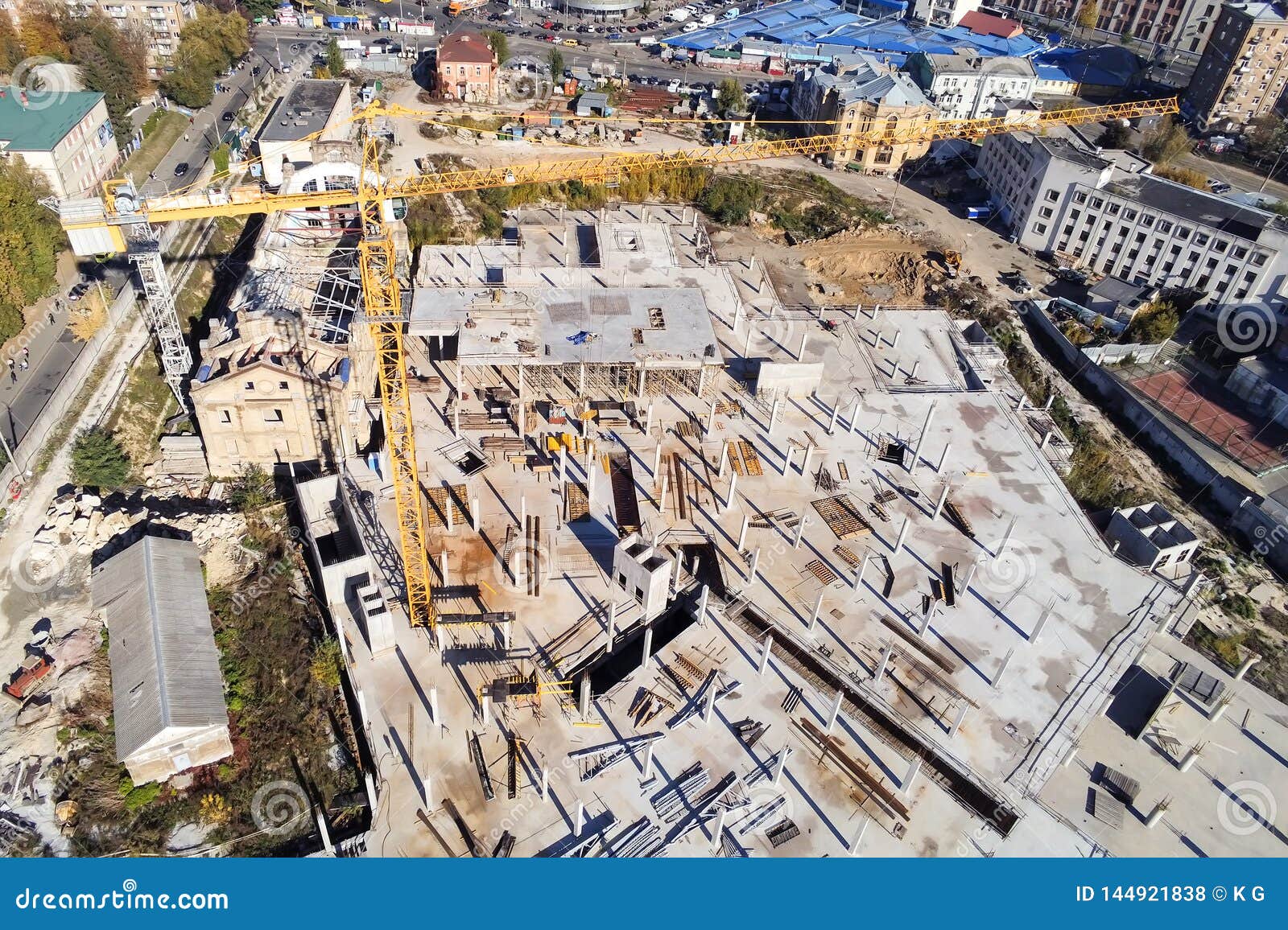 Construction Site Aerial View. Mall Building Base With Solid Concrete ...