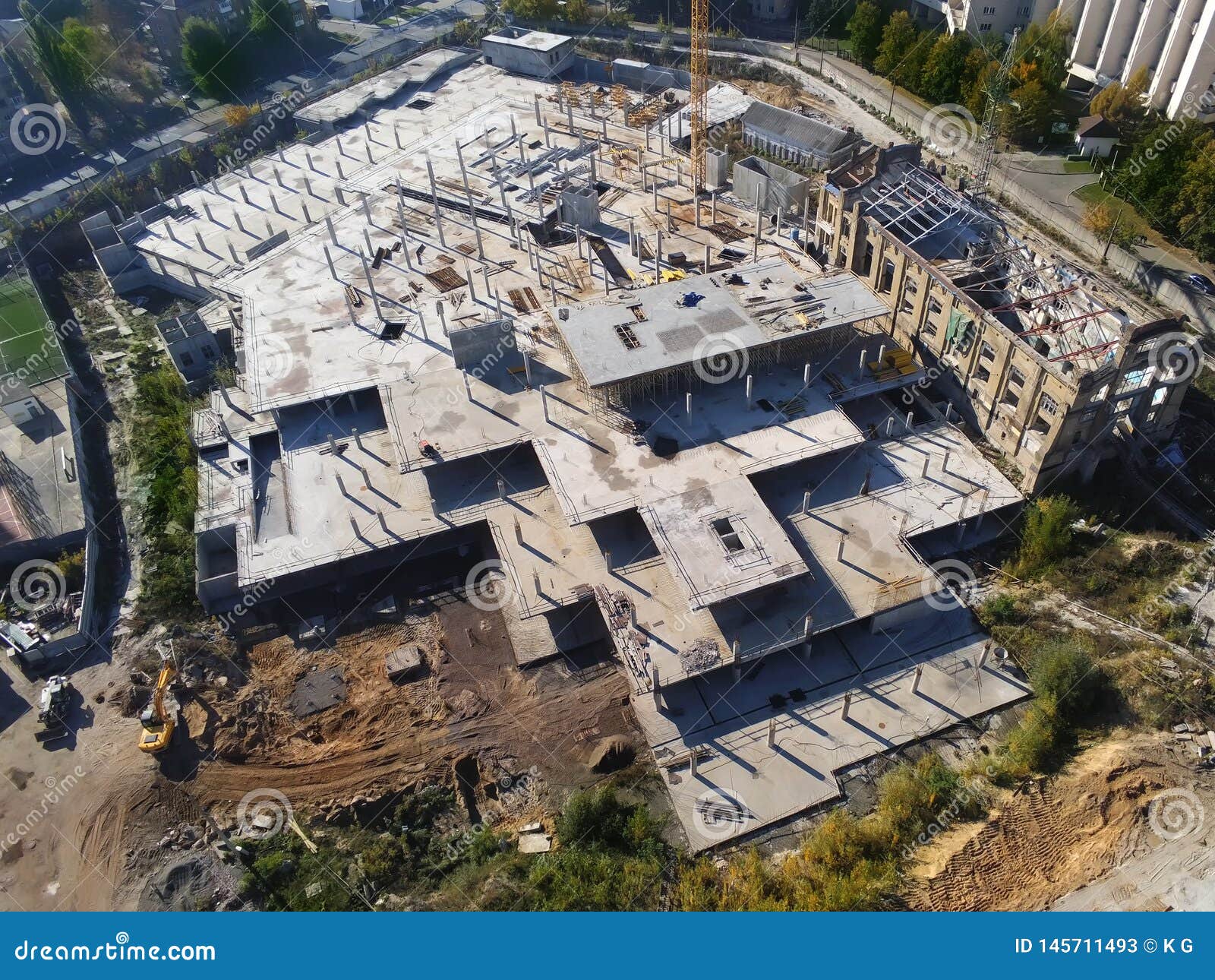 Construction Site Aerial View. Mall Building Base with Solid Concrete ...
