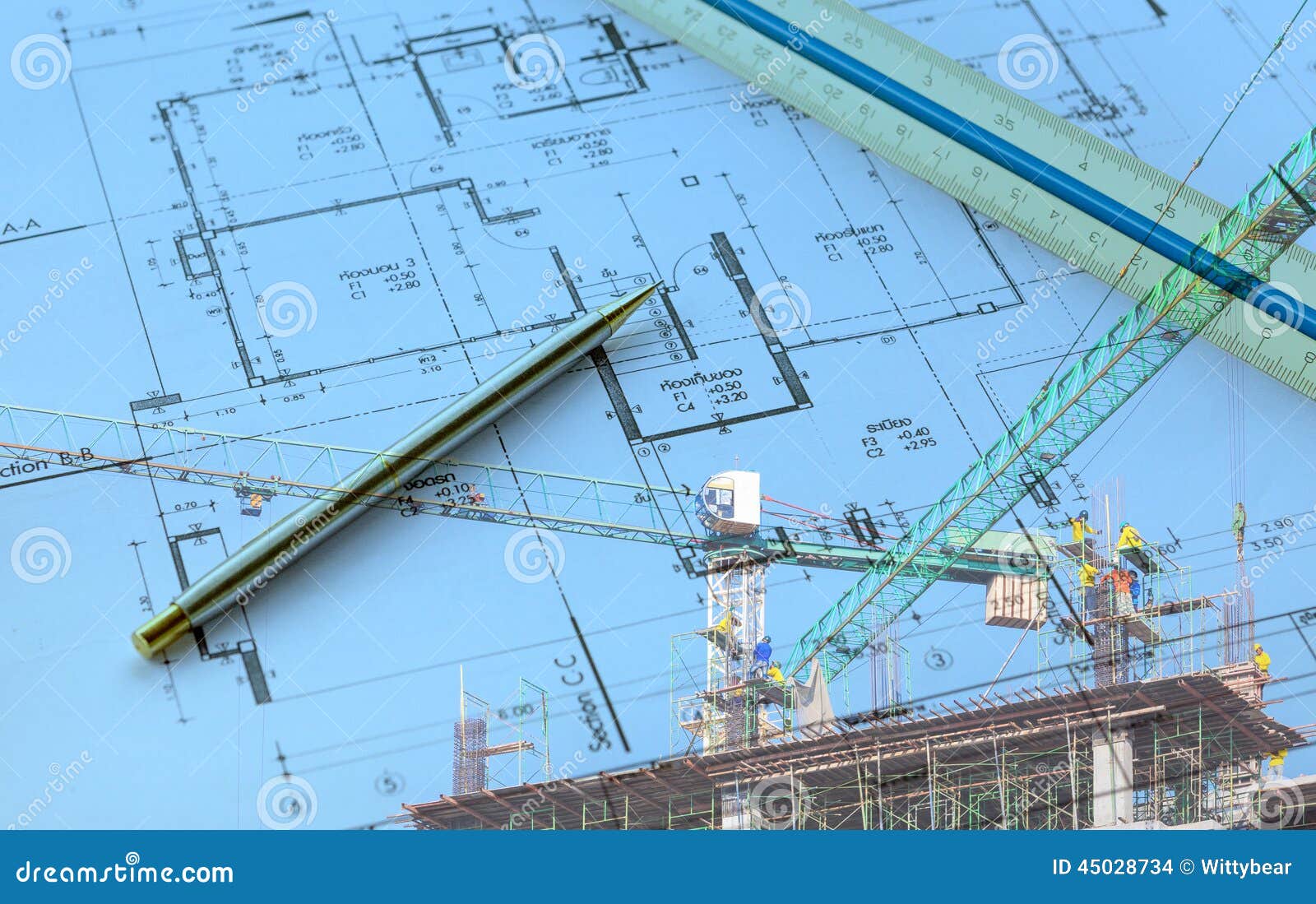 Construction Site with Architecture Blueprint Stock Photo - Image of ...