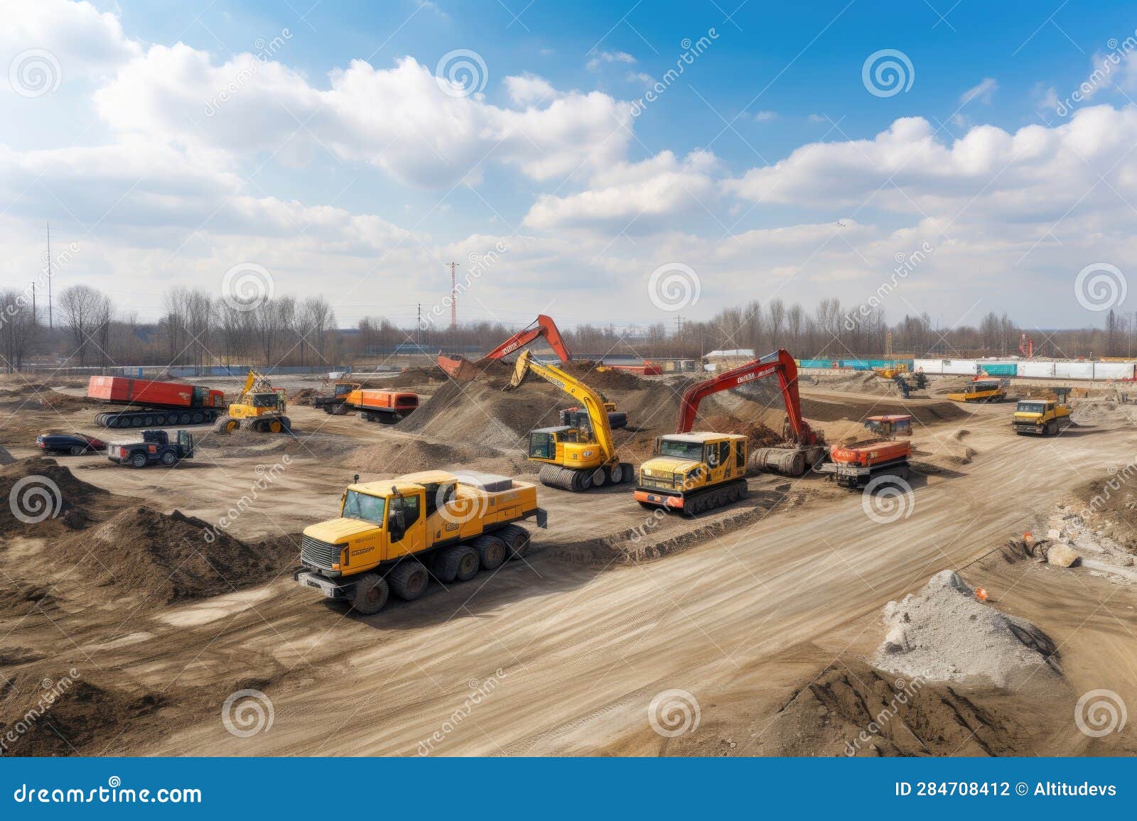 Construction Site With Array Of Different Machinery, Including Dump ...