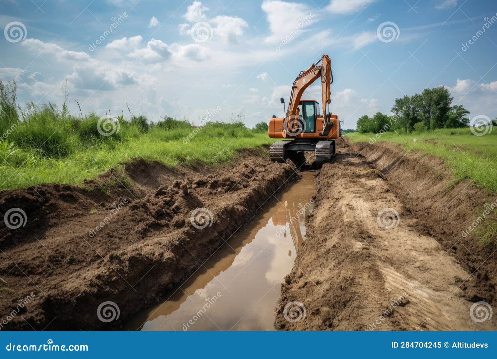Construction Site with Backhoe Digging Ditch To Lay Pipeline Stock ...