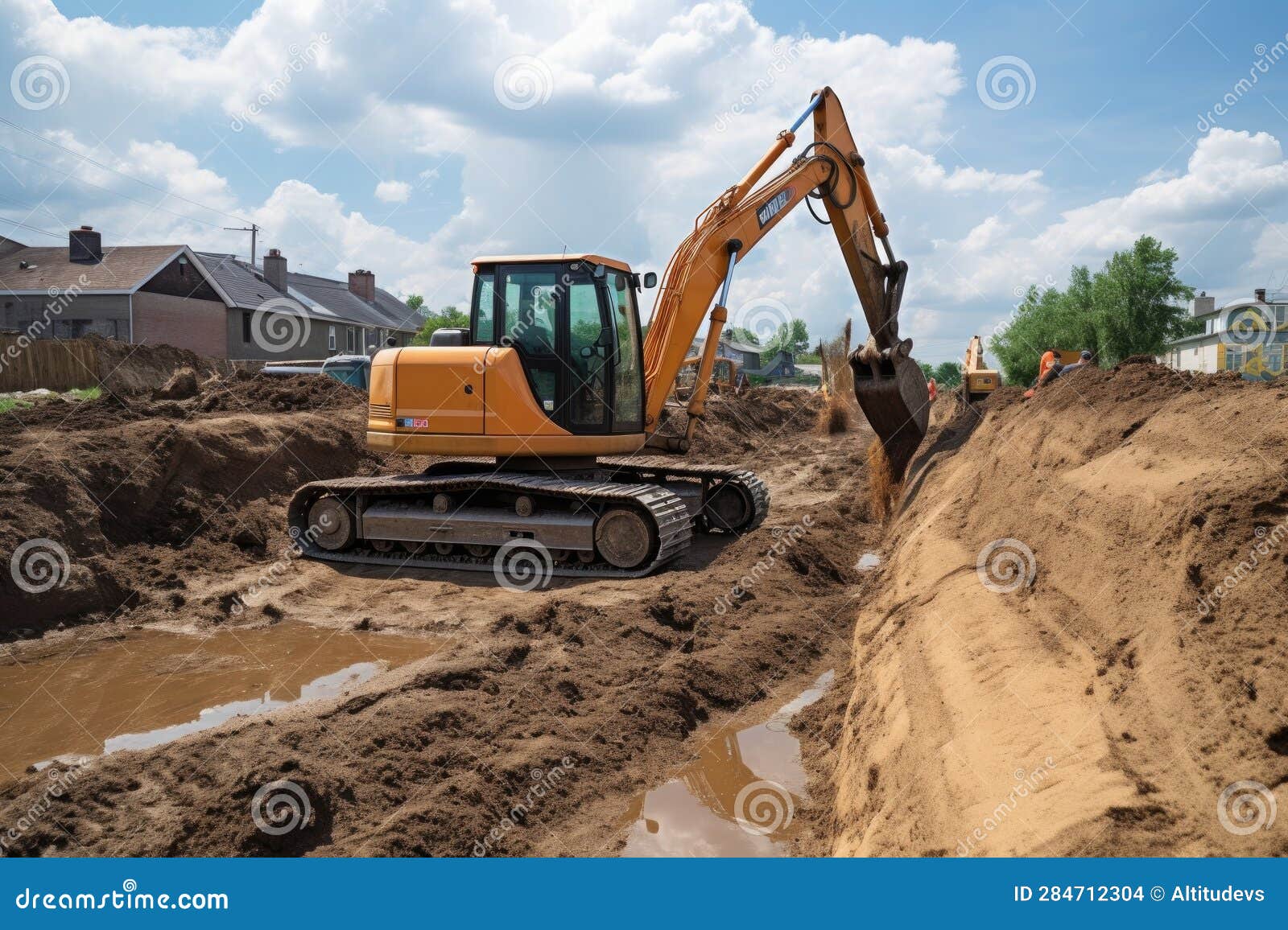 Construction Site with Backhoe Digging Ditch To Lay Pipeline Stock ...