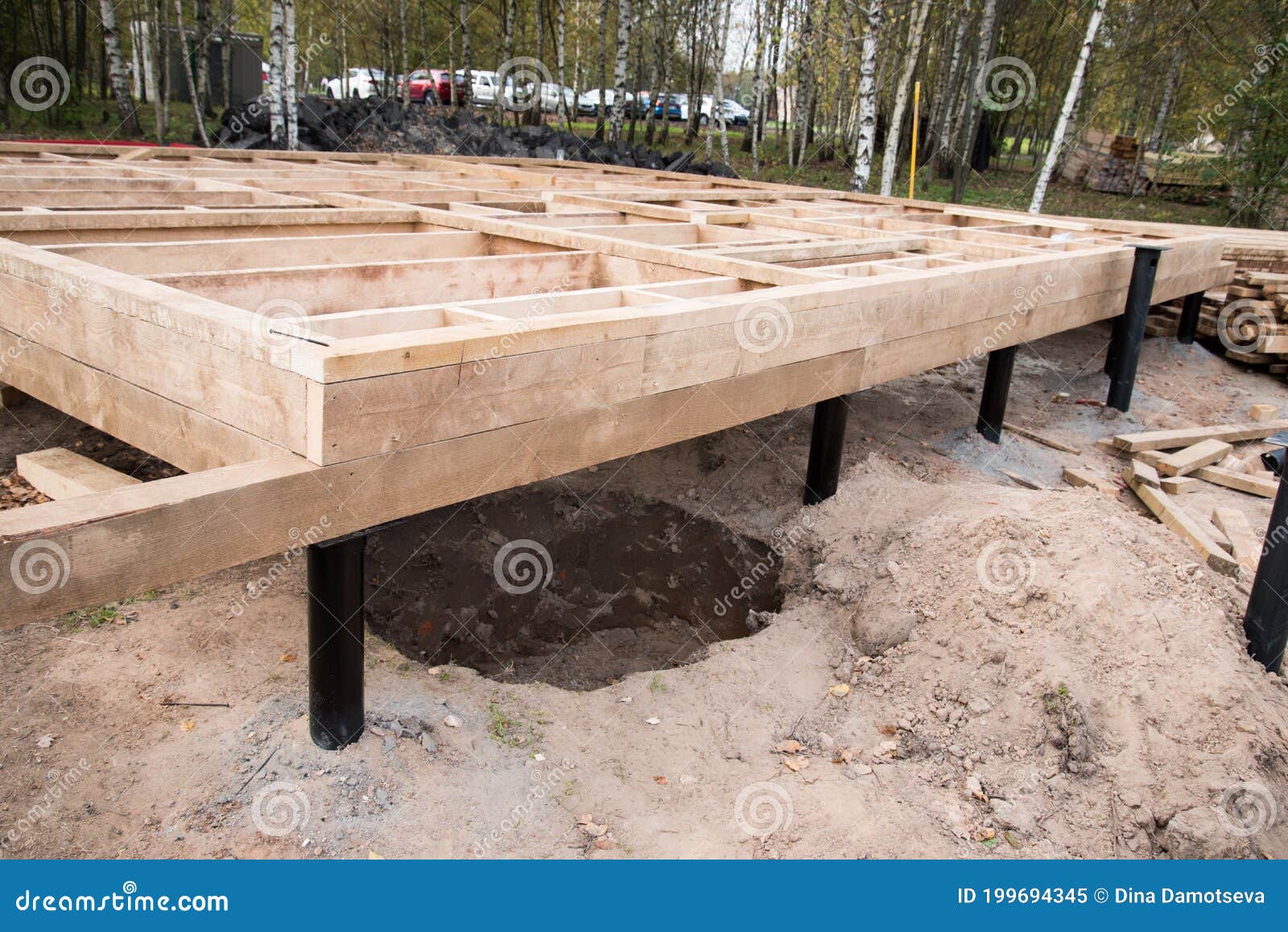 On The Basis Of The Pile Foundation Timber Framing House Stock Photo ...