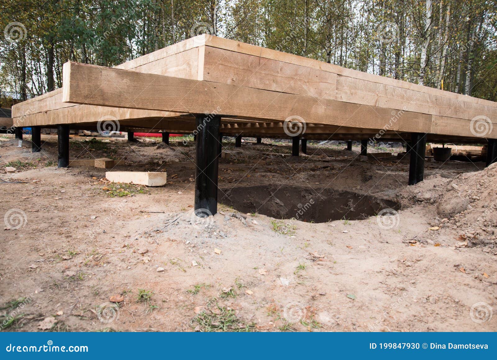 On The Basis Of The Pile Foundation Timber Framing House Stock Photo ...