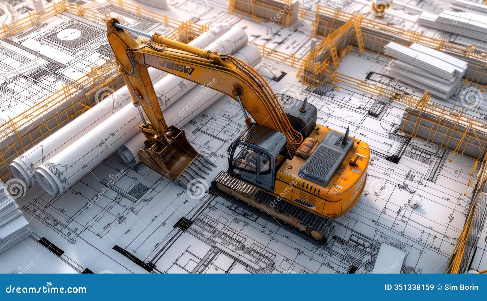 A Construction Site with Blueprints and Heavy Machinery, Emphasizing ...