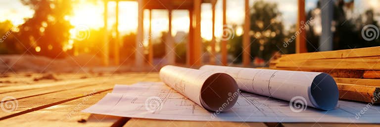 Construction Site Blueprints at Sunset Construction Plans Lumber and a Setting Sun Symbolize ...