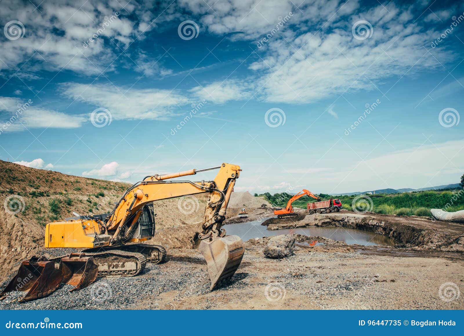 Construction Site Building Details with Excavators Loading Dumper ...