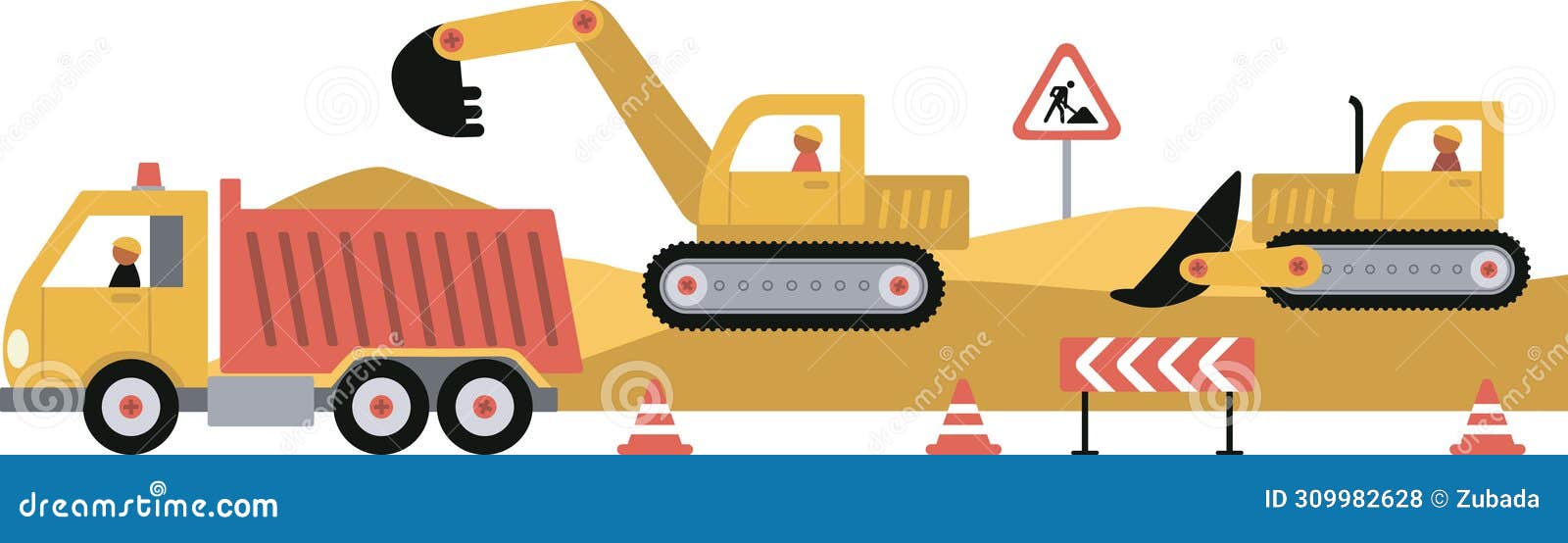 Construction Site. Building Process. Digger, Bulldozer and Dump Truck ...