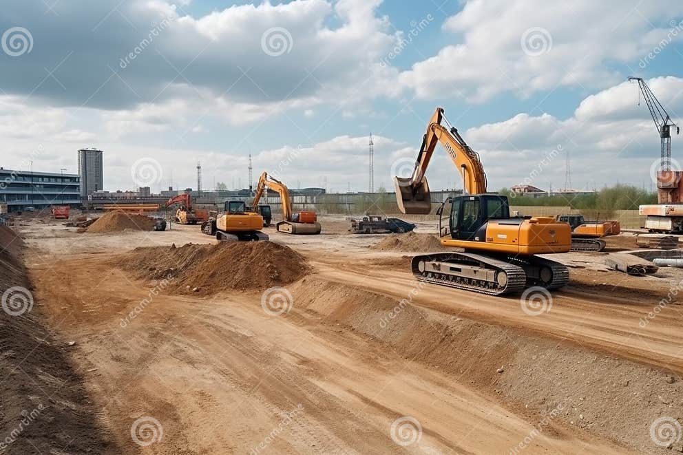 Construction Site with Bulldozer and Crane at Work, Building New ...