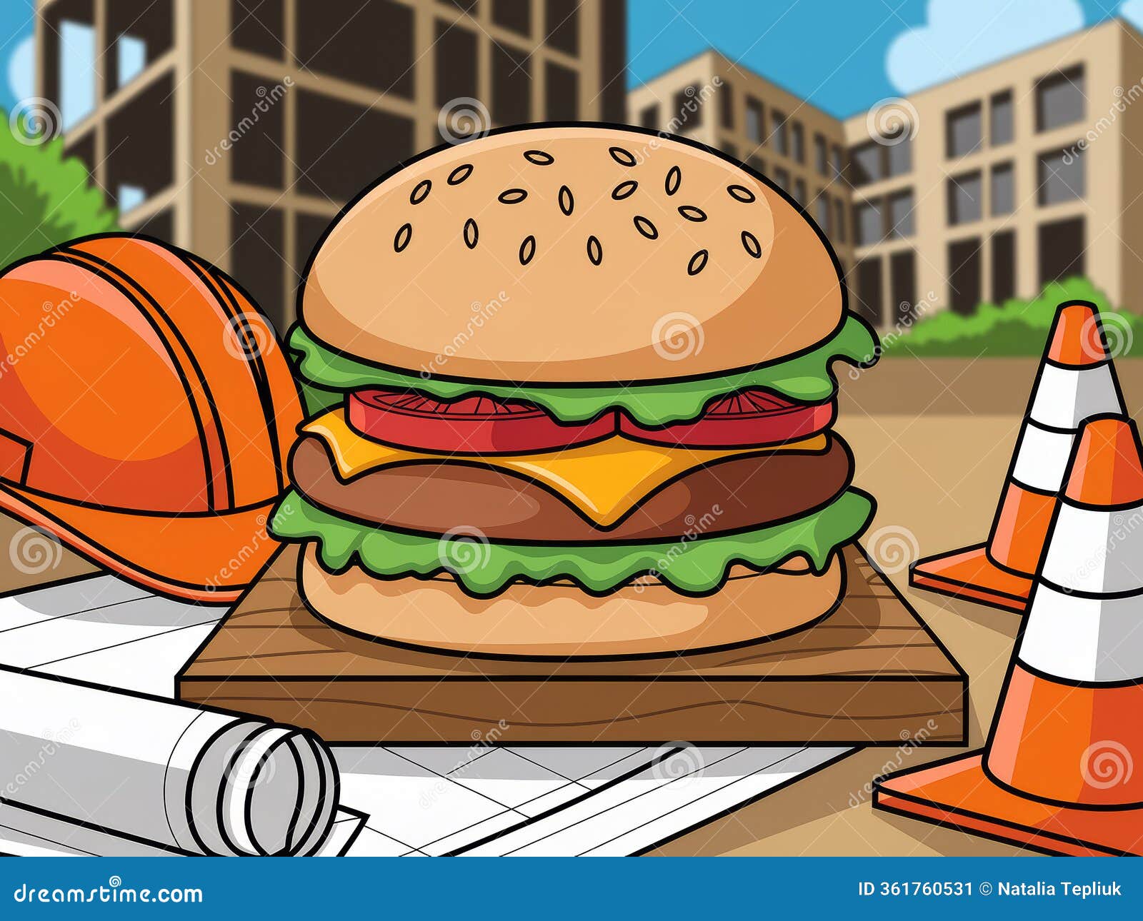Construction Site Burger Concept with Safety Gear and Architectural ...