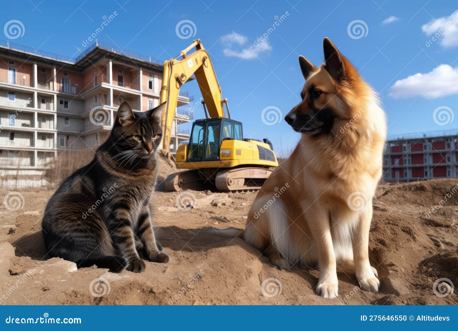 Construction Site with Cat and Dog Hard at Work, Building New Housing ...