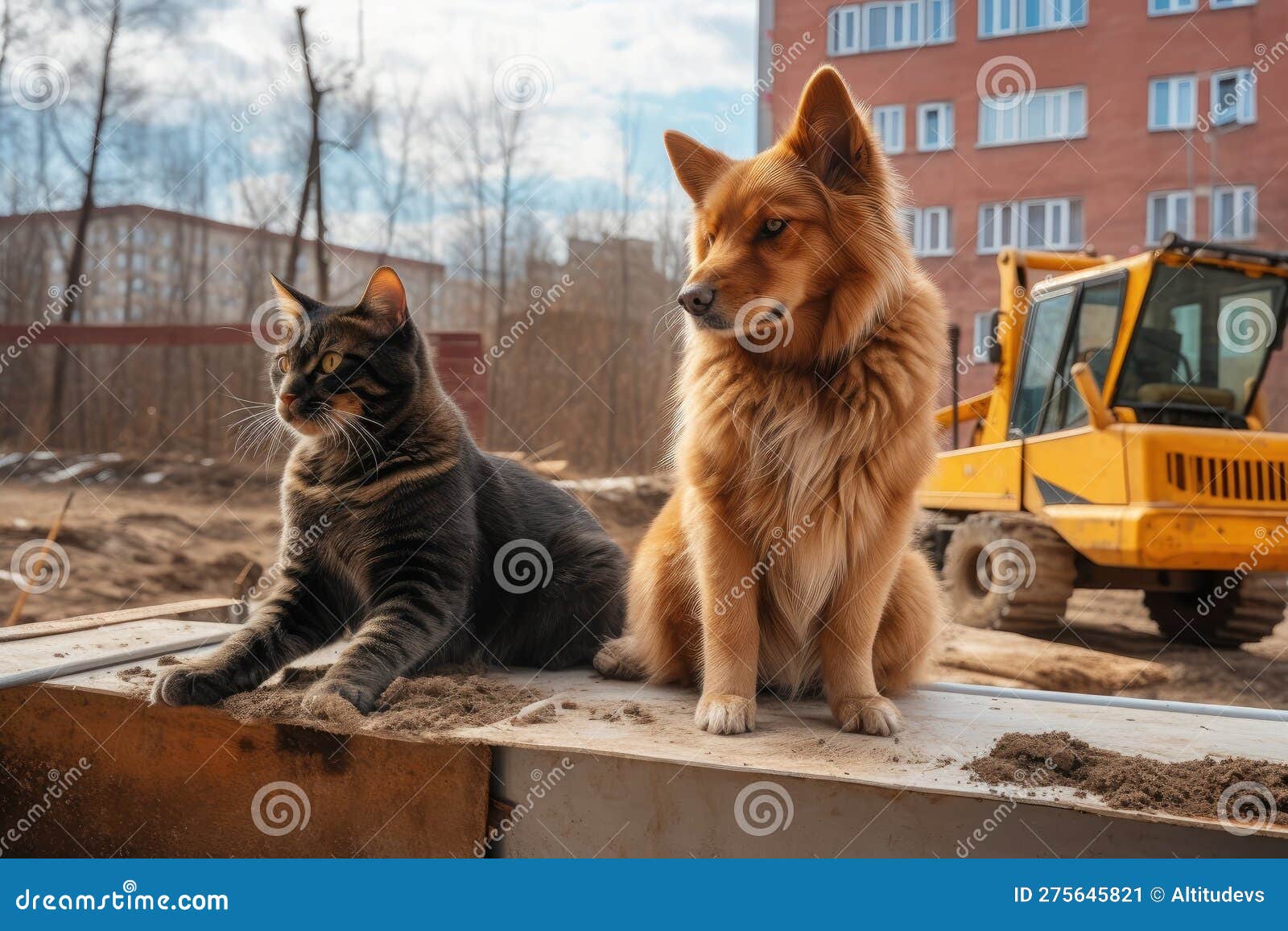 Construction Site with Cat and Dog Working Side by Side, Completing ...