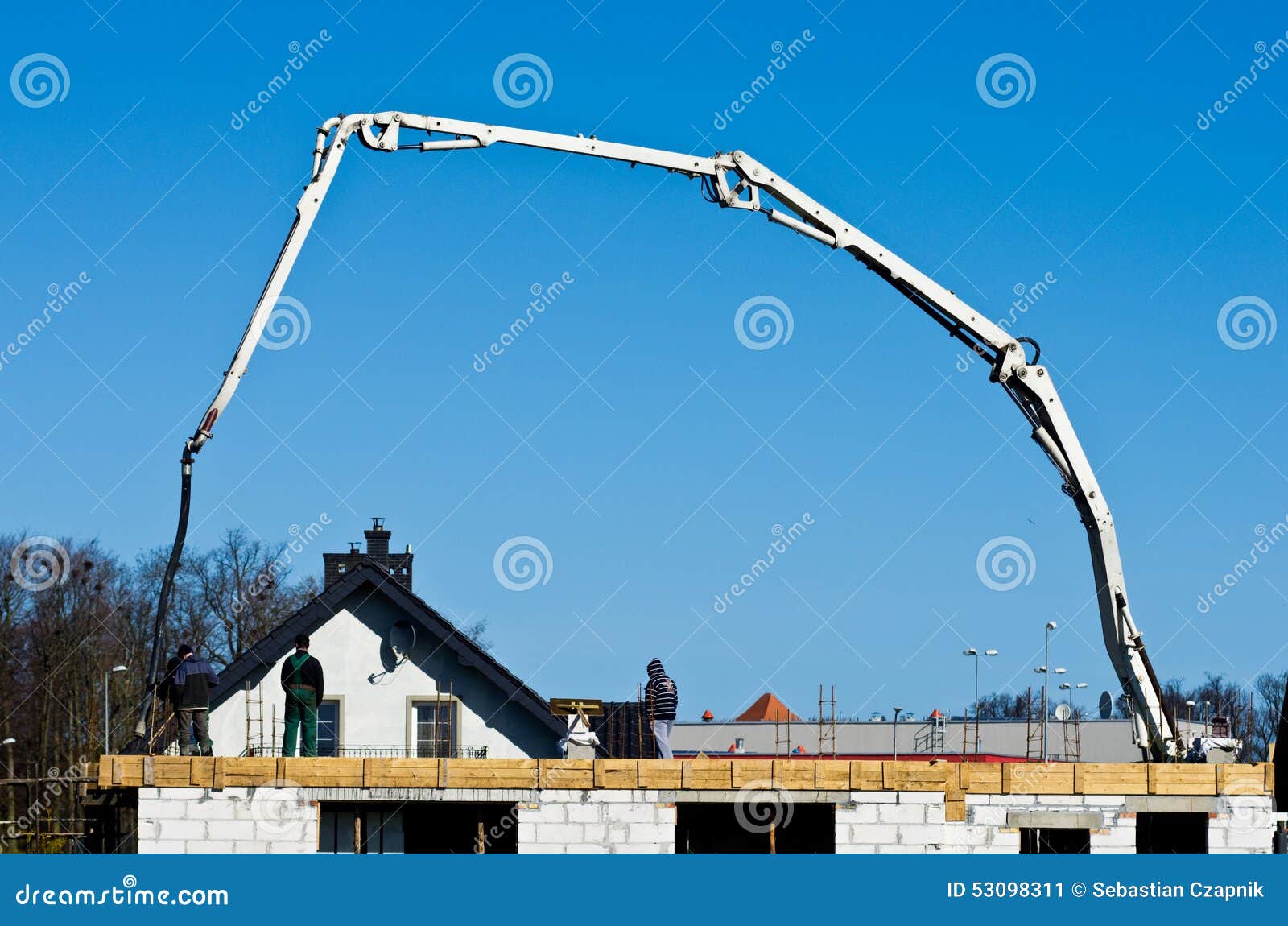 Construction Site Cement Hose Stock Image - Image of house, workers ...