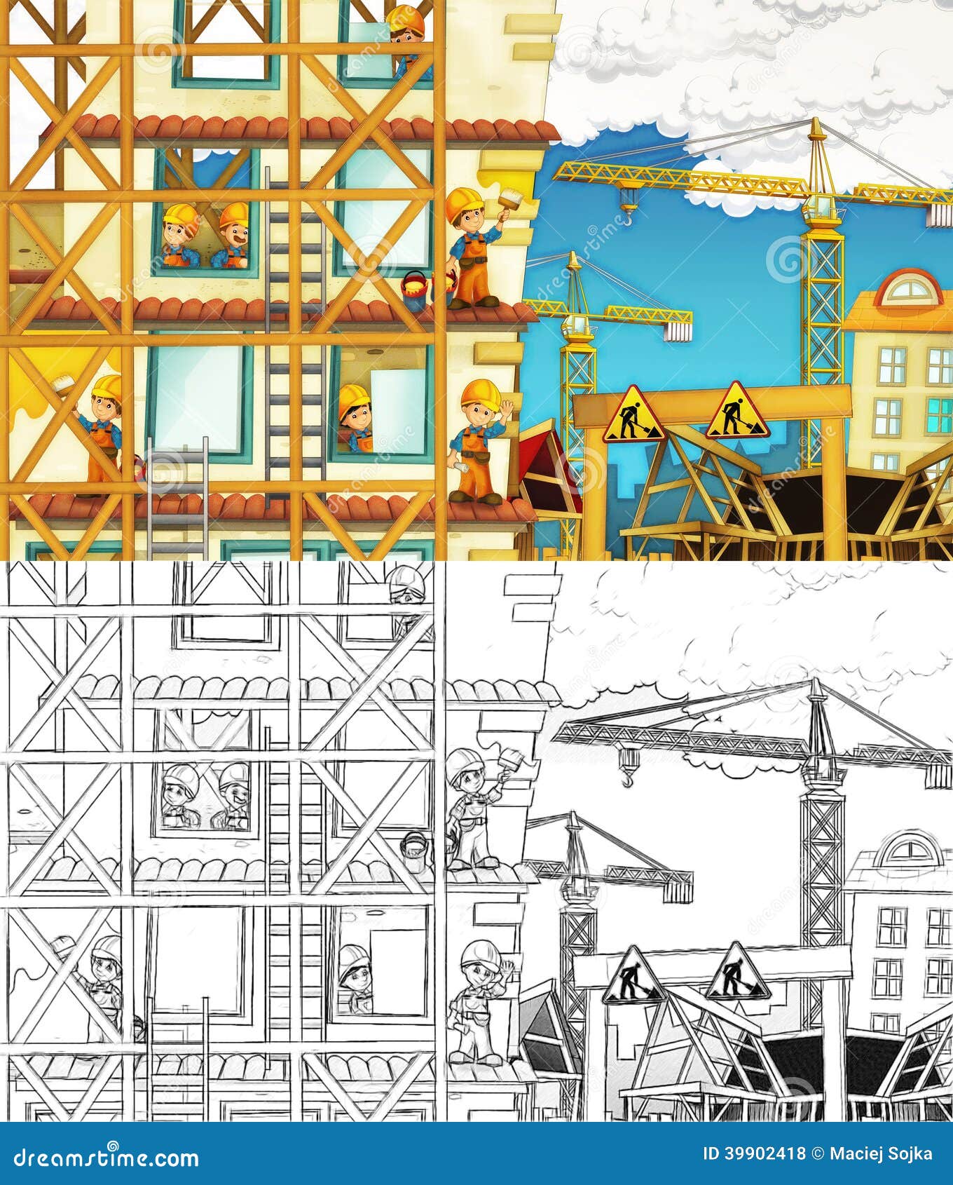 Construction Site - Coloring Page with Preview Stock Illustration ...