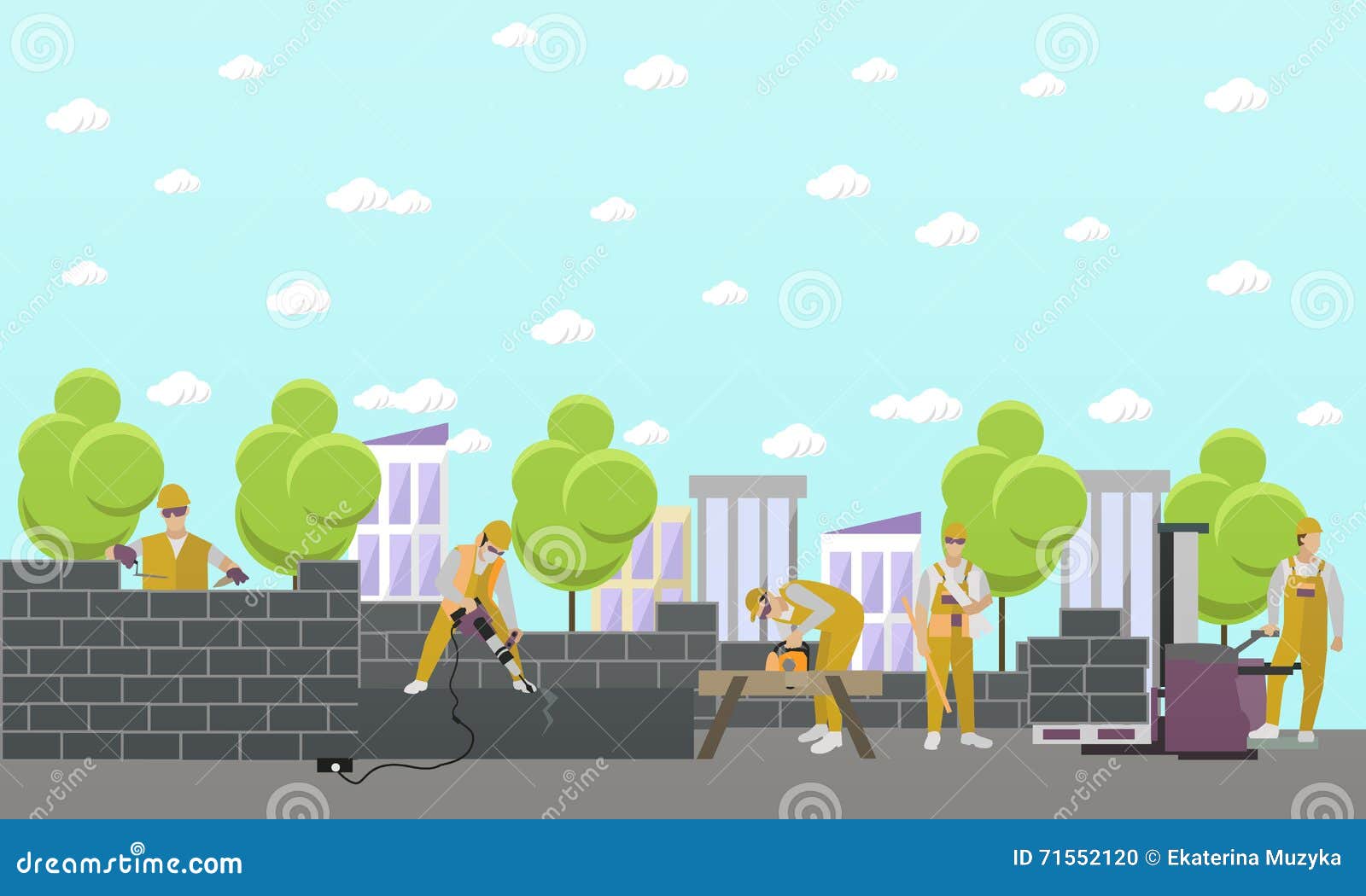 Construction Site Concept Vector Banner. People Build Brick Wall. Stock ...