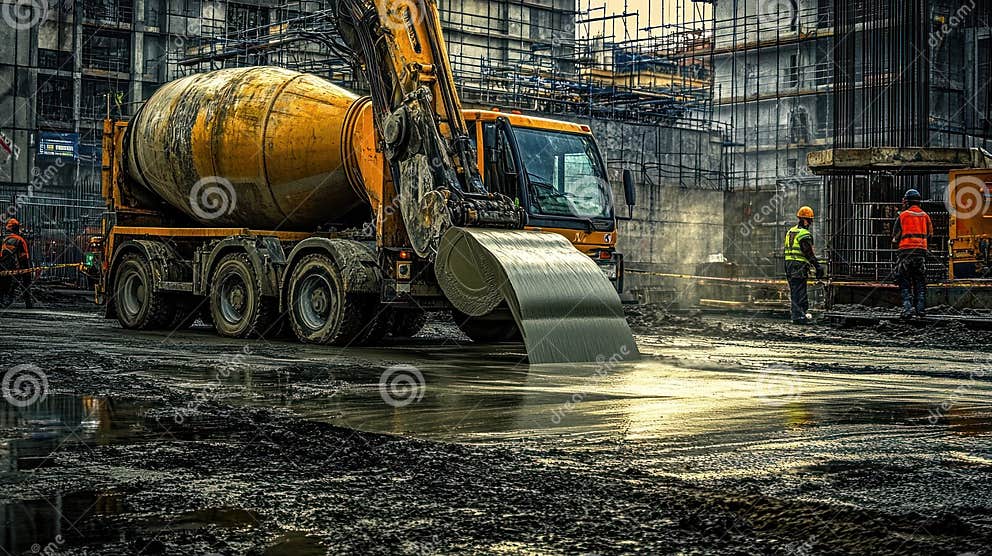 Construction Site with Concrete Pouring Machinery Stock Illustration ...