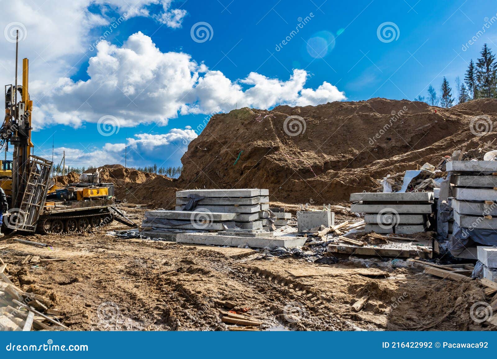 Construction Site with Concrete Slabs and a Drilling Rig. Start of ...