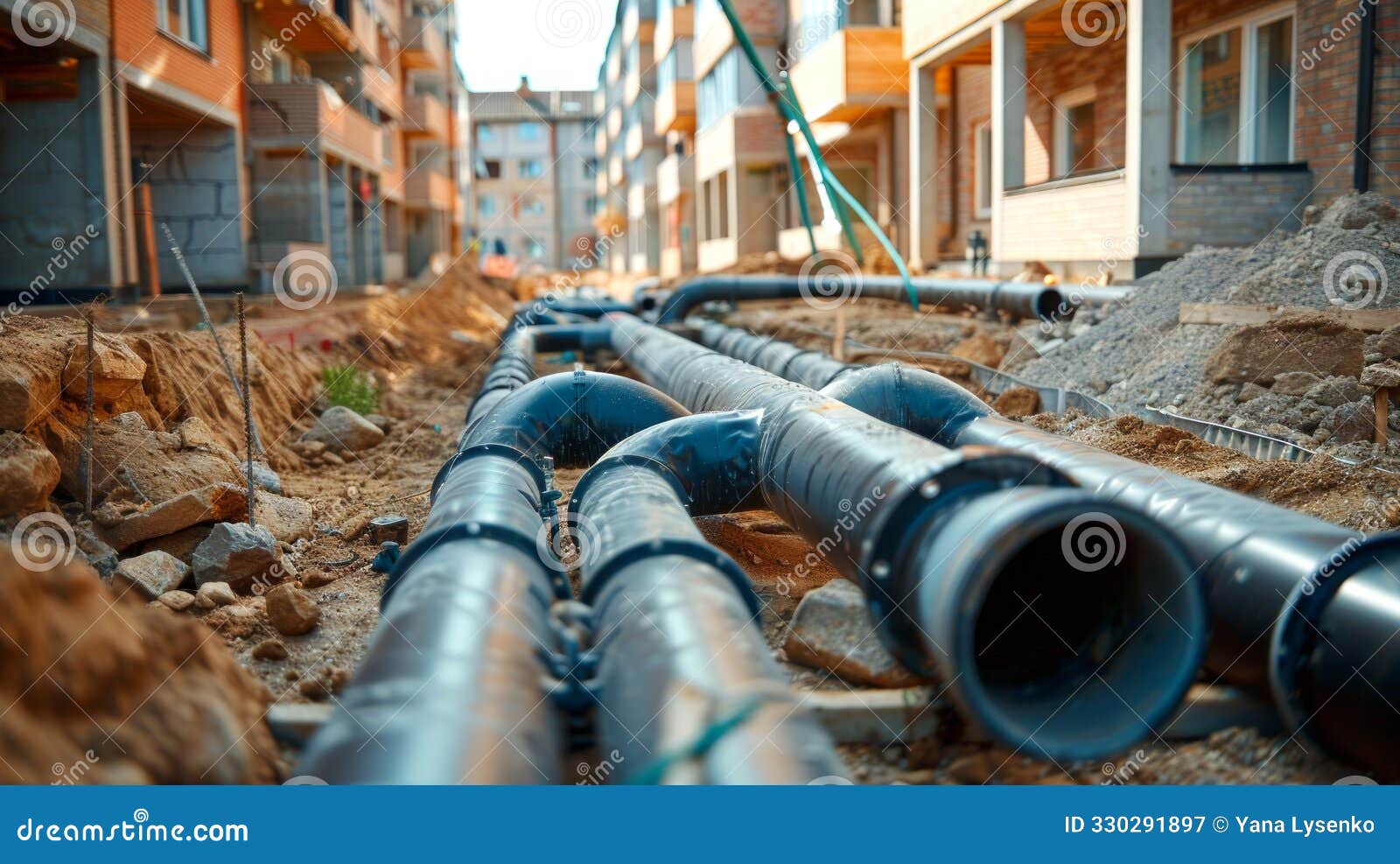 Construction Site with Connected Plastic Pipes between New Residential Buildings. Concept of ...
