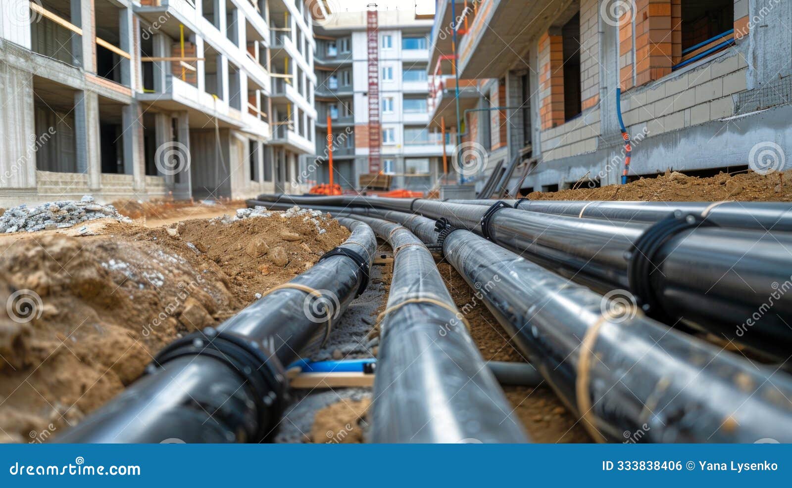 Construction Site with Connected Plastic Pipes between New Residential ...