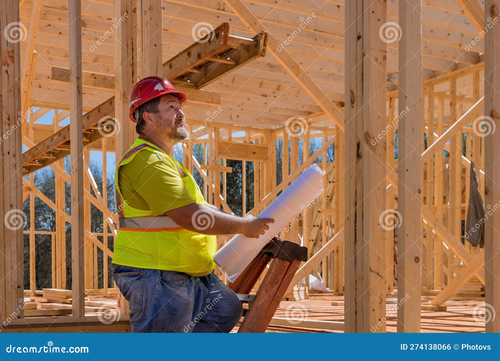 On Construction Site, a Construction Engineer Checks Quality of Wooden ...