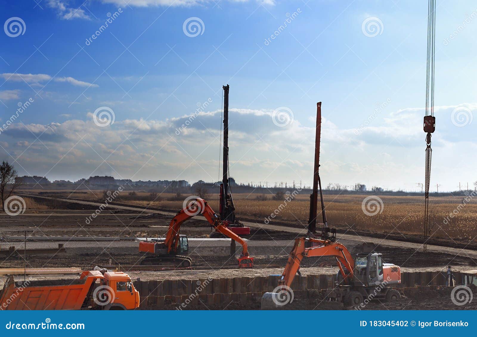 Construction Site with Construction Machines an Excavator and Piling ...