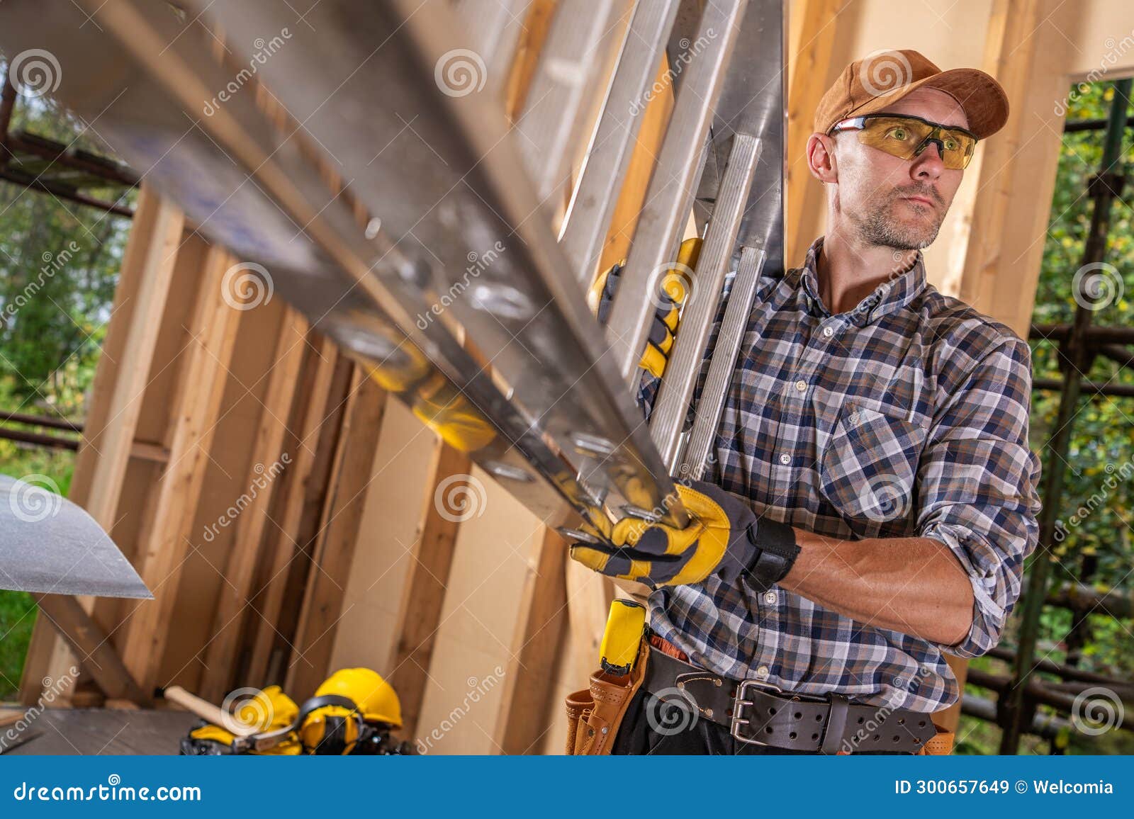Construction Site Contractor Worker with Aluminium Ladder Stock Image ...
