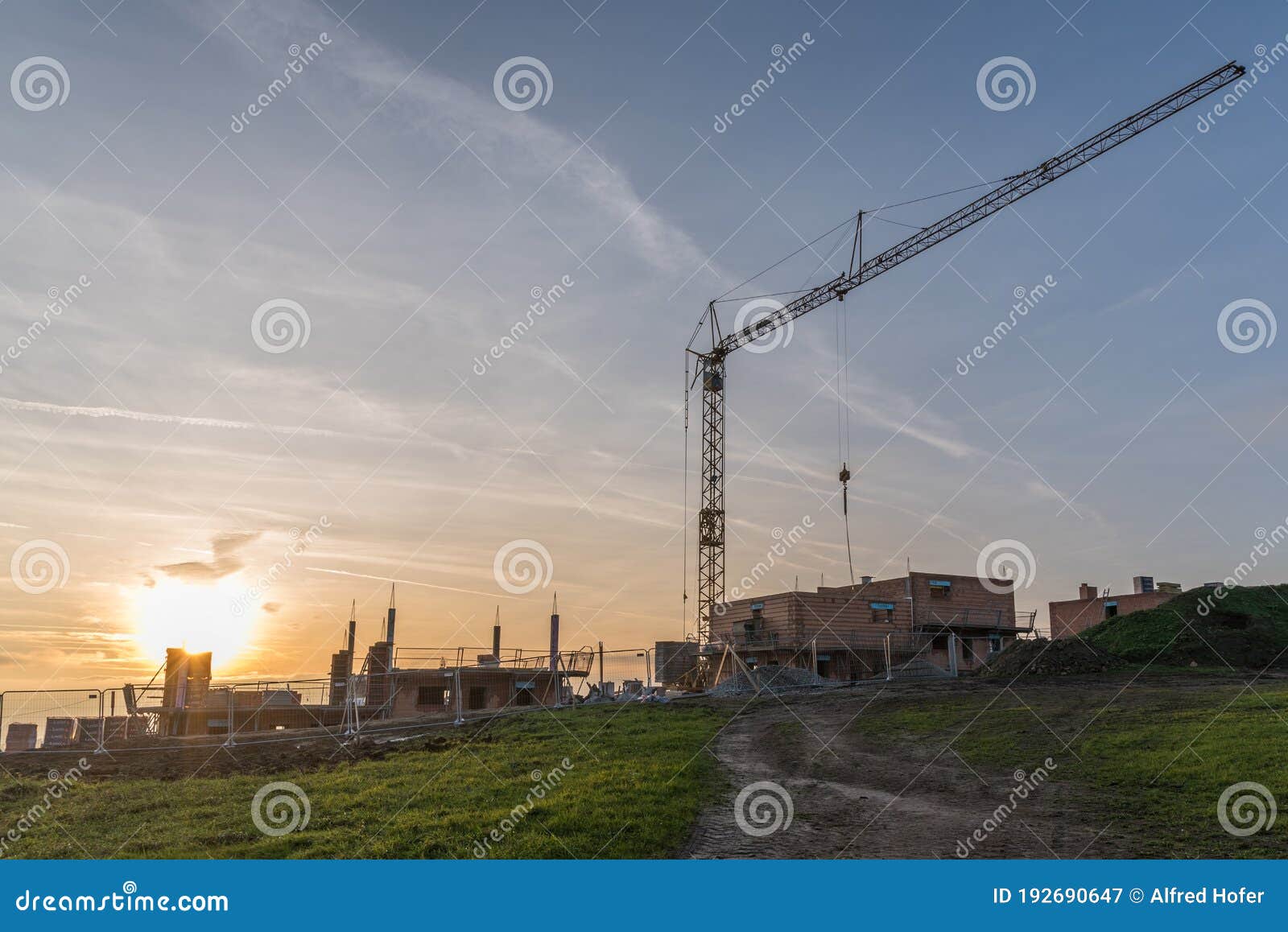 Construction Site with Construction Crane - Evening Sun Stock Image ...