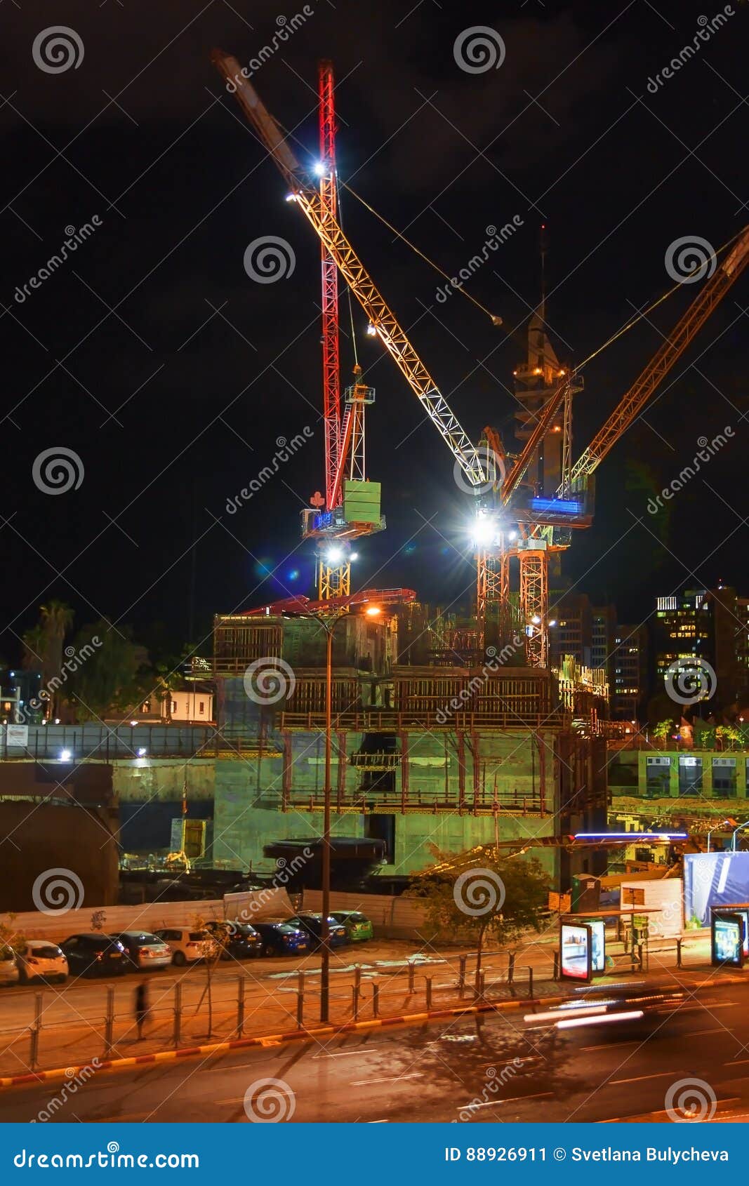 Construction Site Crane Night Editorial Photo - Image of machinery ...