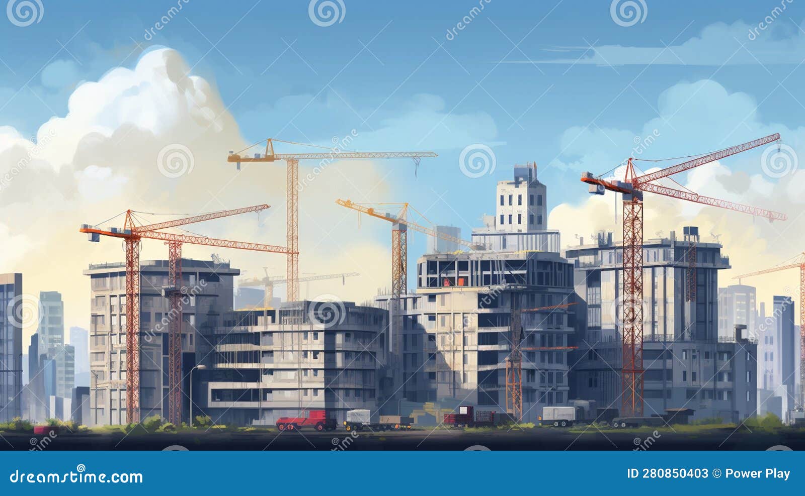 Construction Site with Cranes and Buildings in the Background. 3d ...