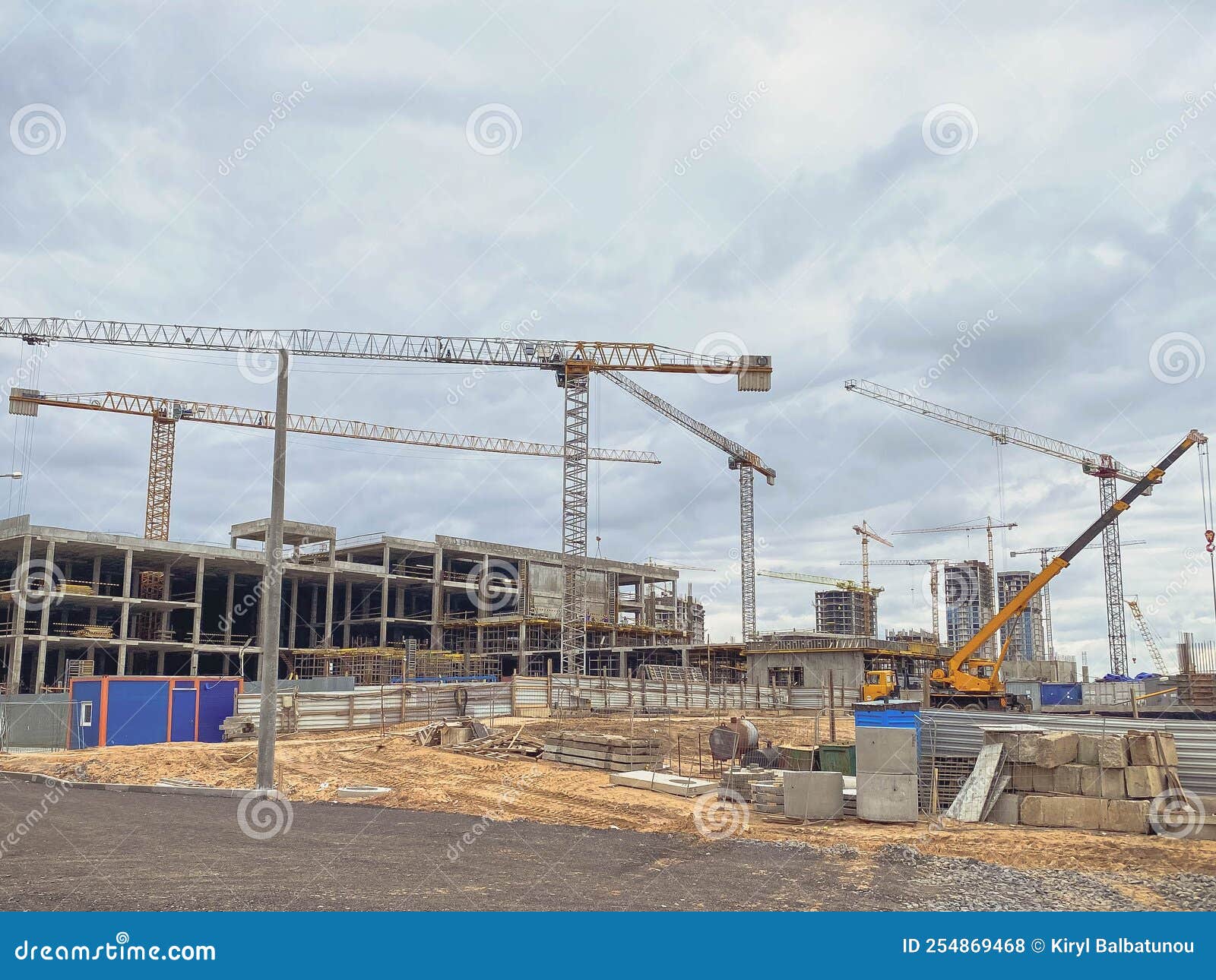 Construction Site with Cranes for the Construction of High, Multi ...