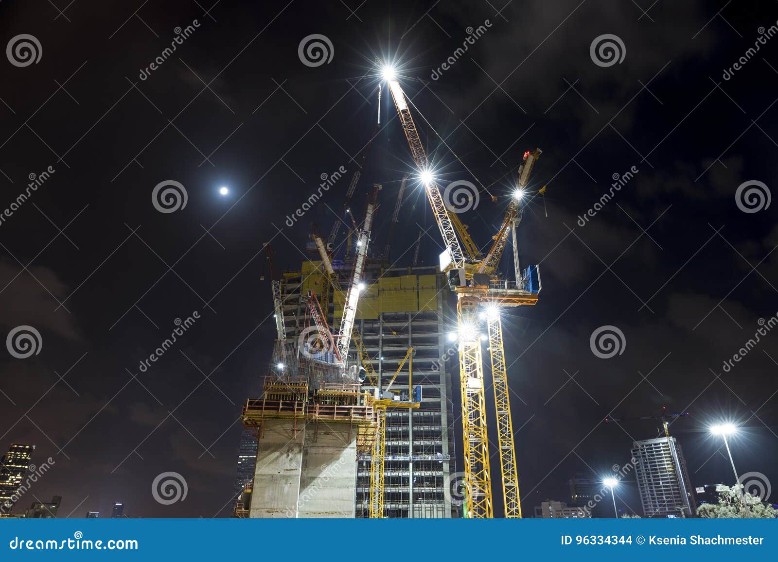 Construction Site with Cranes at Night Low Angle Stock Photo - Image of ...