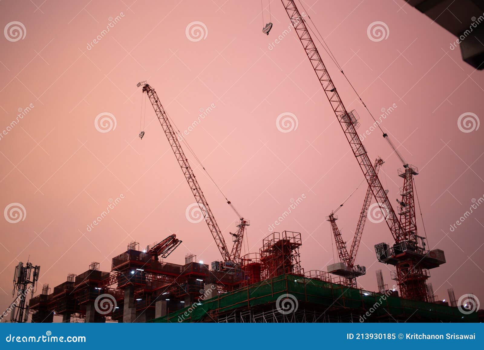 Construction Site with Cranes in Sunset Sky Stock Image - Image of ...