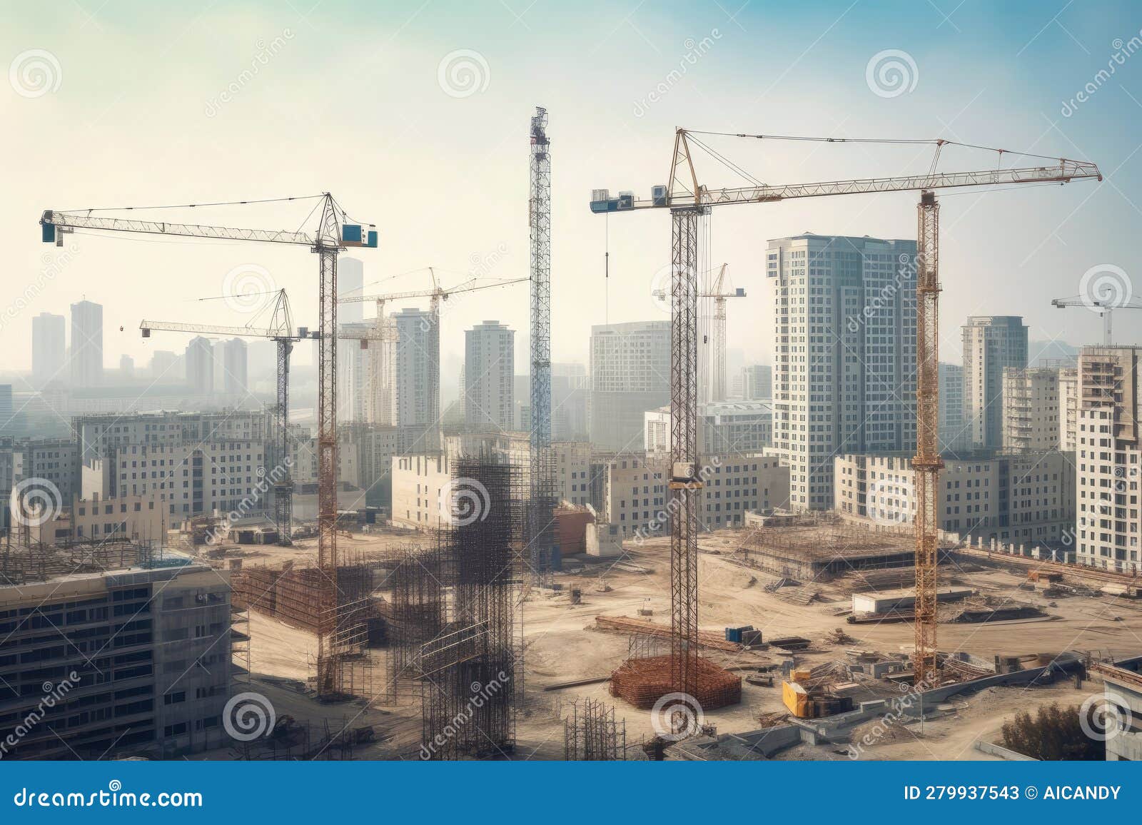 Construction Site with Cranes and Workers Building a Skyscraper ...