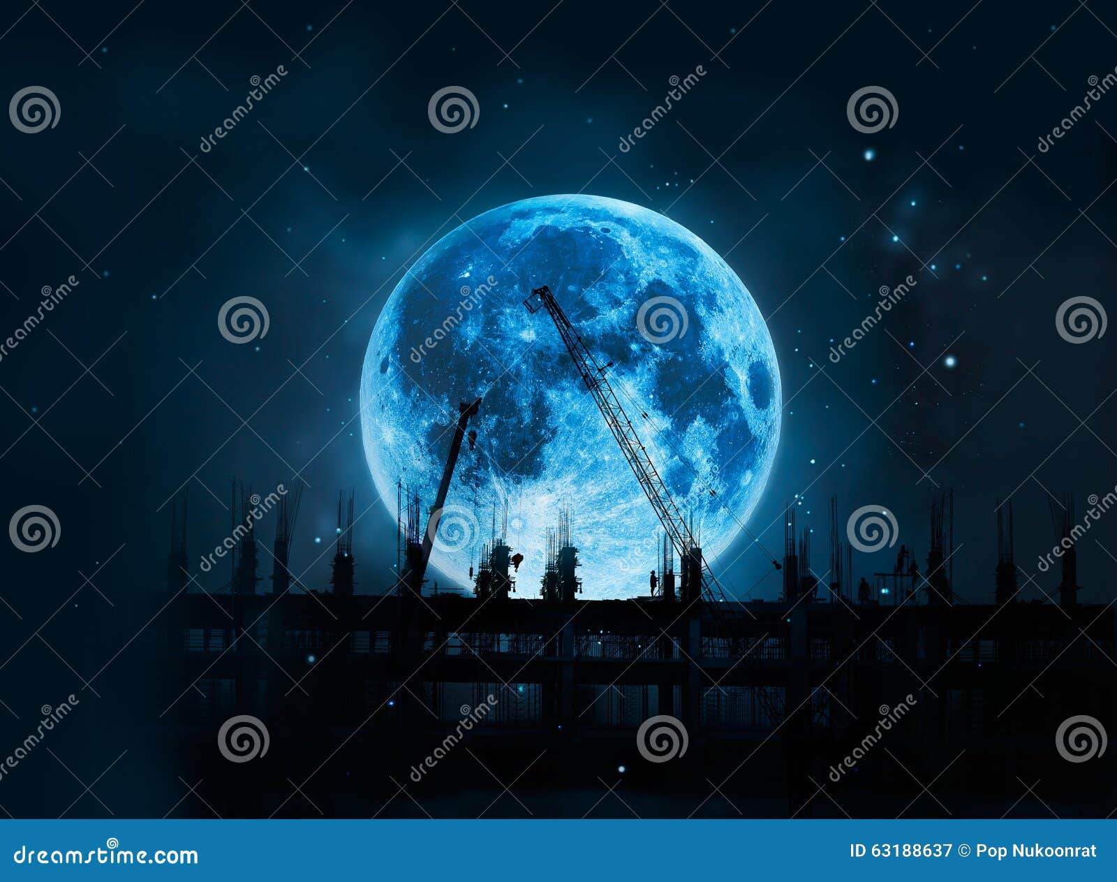 Construction Site with Cranes and Workers Full Blue Moon at Night Stock ...
