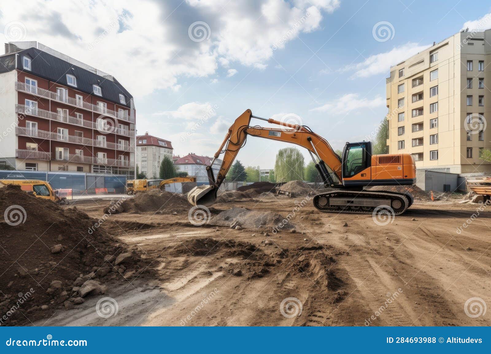 Construction Site with Digger and Crane Moving Heavy Materials Stock ...