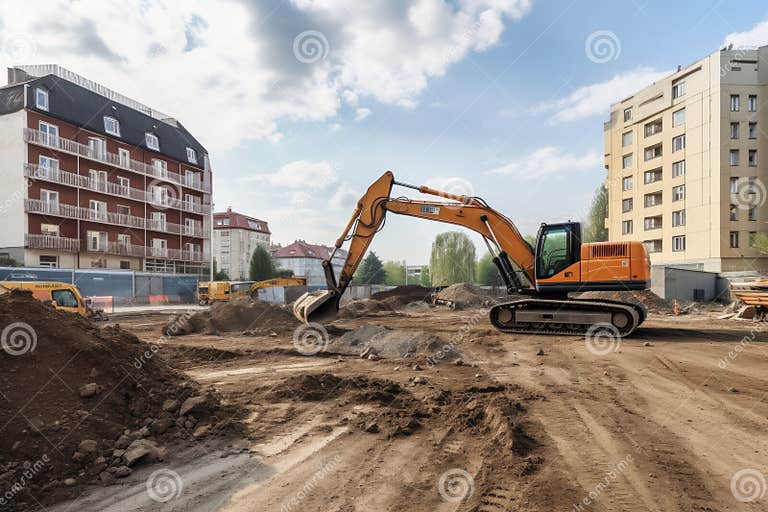 Construction Site with Digger and Crane Moving Heavy Materials Stock ...