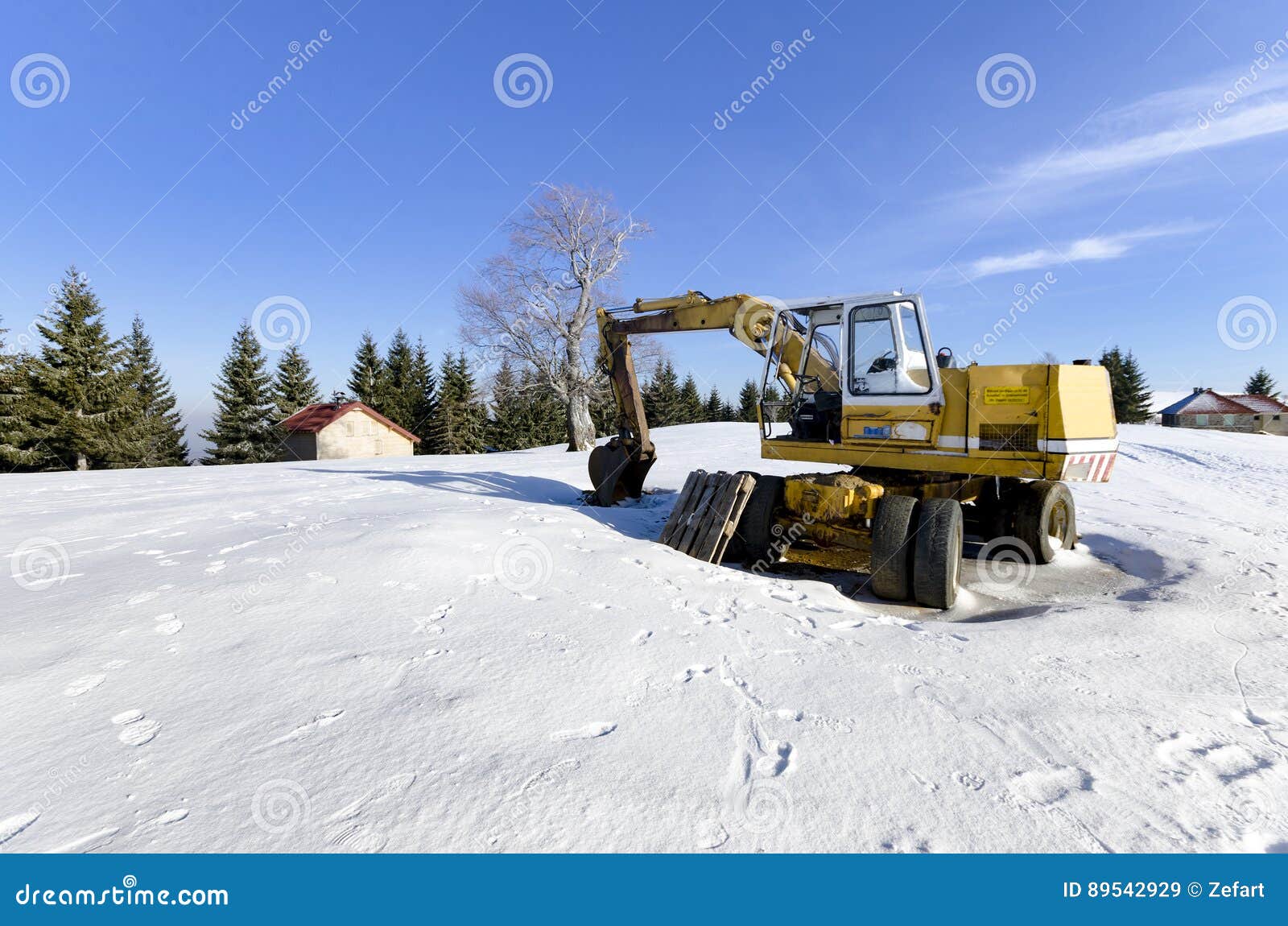 Construction Site Digger at Winter Snow Stock Image - Image of backhoe ...