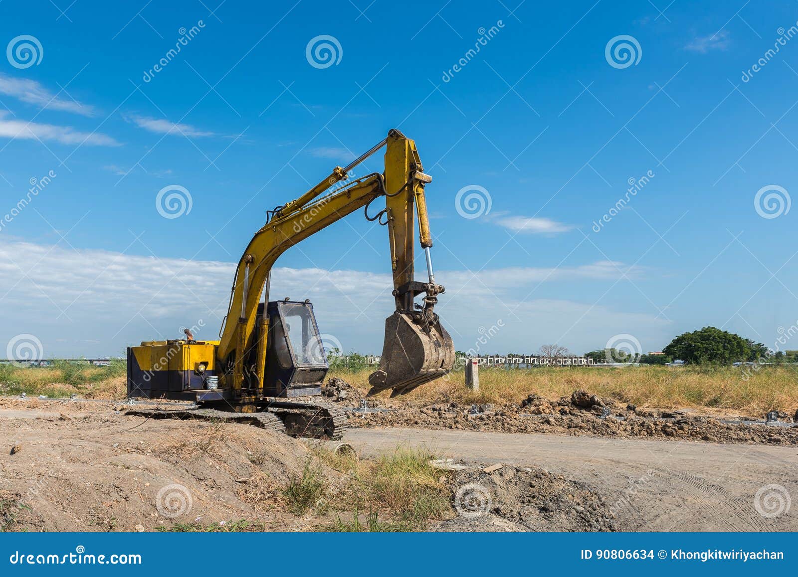 Construction Site with Dirty Yellow Excavator during Work Stock Photo ...