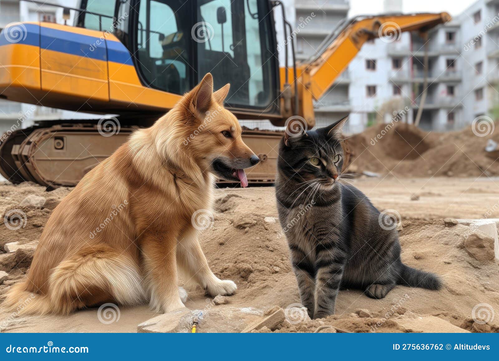 Construction Site with Dog and Cat Working Diligently To Complete Their ...