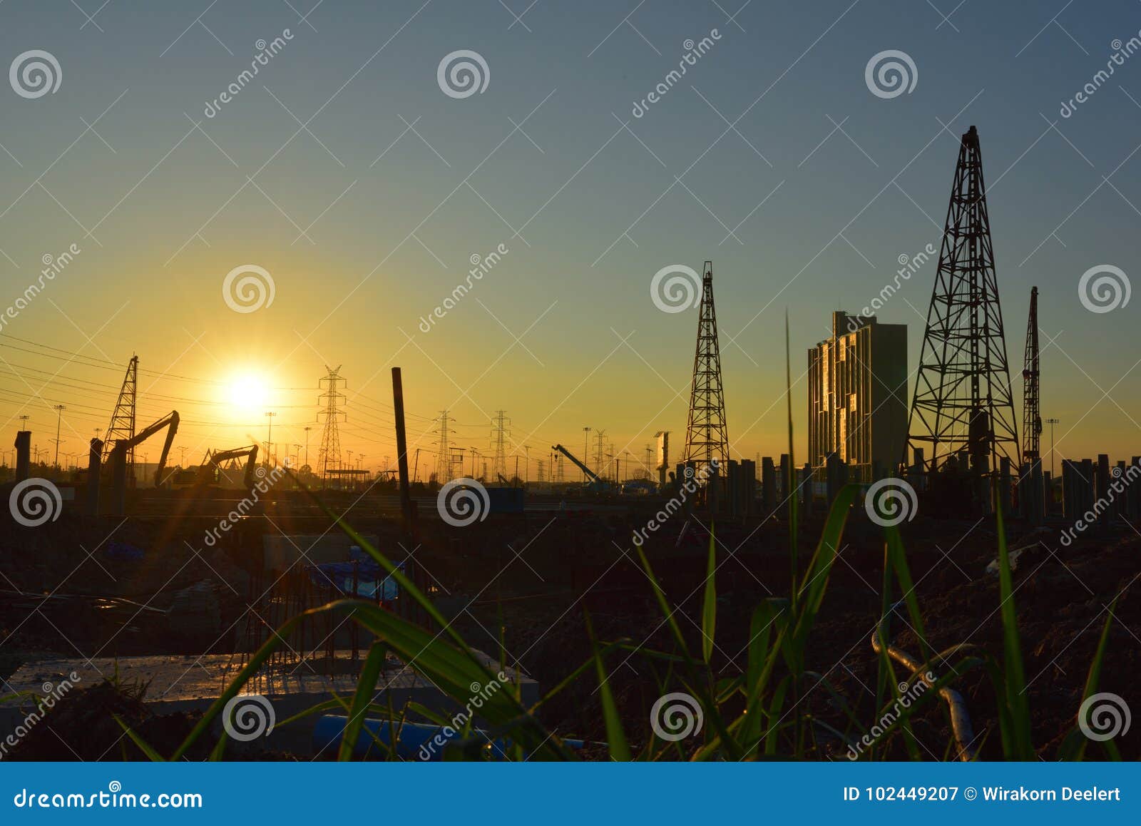 Construction Site and Electrical Pole with Sunrise Sky Stock Image ...