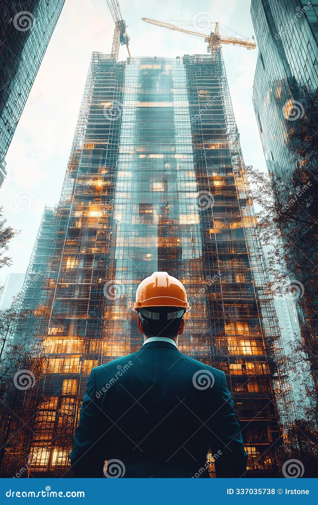 Construction Site Engineer Looking Up at Hight Rising Building with ...