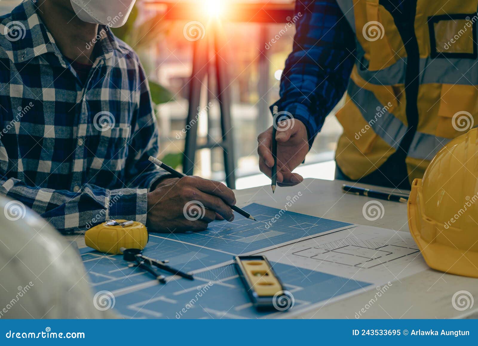2 Construction Site Engineers on-site Engineering Objects Work with ...